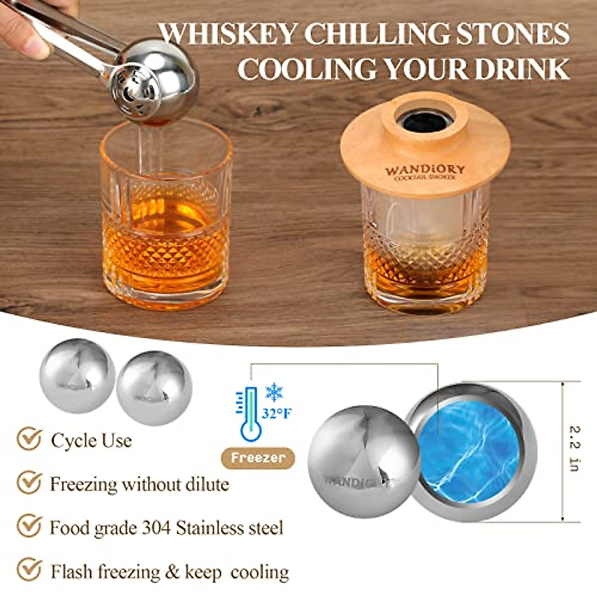 Whiskey Gifts for Men, Cocktail Smoker Kit, WANDiORY Original Bourbon Whisky Drink Smoker Infuse Kit Includes 2 Whiskey Ice Stones, Birthday Gifts for him/Father/Husband/Father's Day/Halloween/Christmas（No Butane）