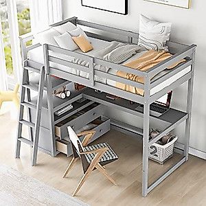 DEYOBED Twin Size Wooden Loft Bed Frame with Desk, Shelves, and Storage Drawers - Where Sleep, Study, and Storage Converge for Kids and Teens