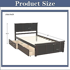 Platform Storage Bed with Two Drawers on Wheels, Solid Wood Single Bed with Support Slats, Single Bed Frame for Boys, Girls, Teenagers and Adults, No Springs Required (Espresso)