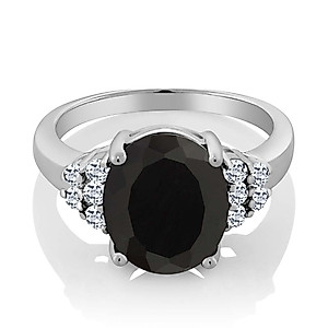 Gem Stone King 925 Sterling Silver Black Onyx and White Topaz Women Engagement Ring (4.40 Cttw 12X10MM Oval Center) (Size 6)