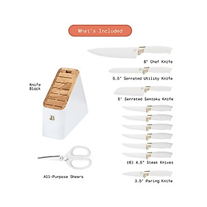 Generic 12 Piece Beautiful Knife Block Set with Soft-Grip Ergonomic Handles White and Gold by Drew Barrymore, 5306062