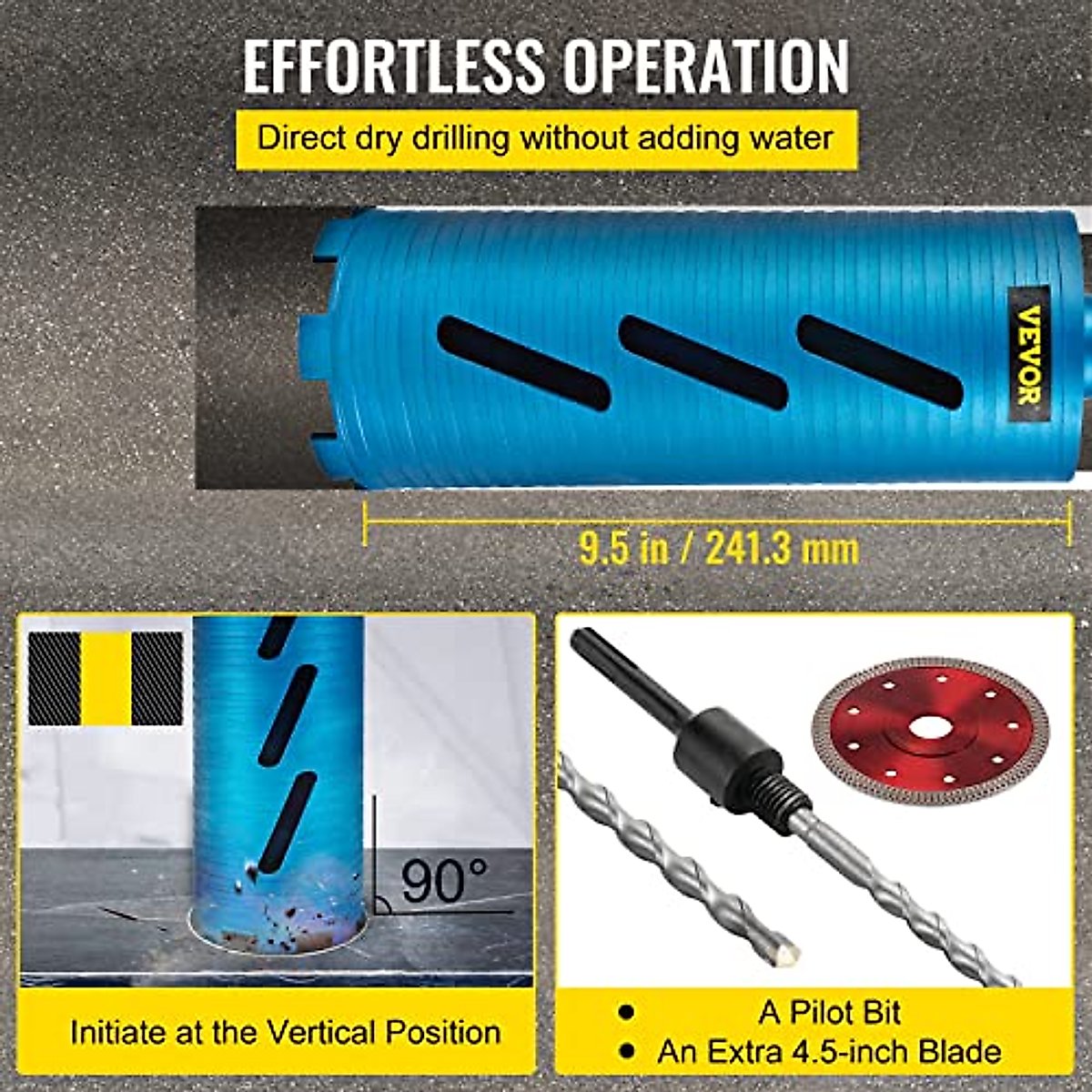 VEVOR Core Drill Bit, 4" /101.6 mm Diameter 5/8"-11 Shank Arbor with a Pilot Bit & 4.5" Blade, 9.5" /241.3mm Depth Diamond Dry Coring Bore Tool, Masonry Hole Saw Bits for Hard Concrete Brick and Block