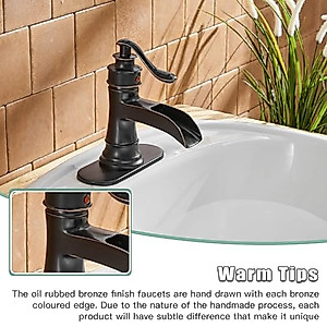 BWE Bathroom Sink Faucet Oil Rubbed Bronze Waterfall with Pop Up Drain Stopper Assembly Water Supply Hose Rustic Lead-Free Lavatory Vanity Bath Black Farmhouse Faucet Single Handle Mixer Single Hole