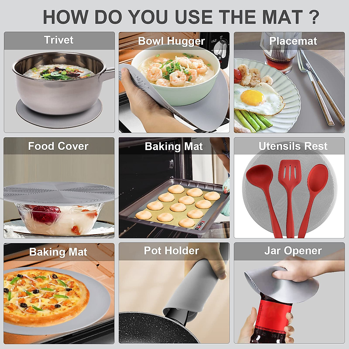 Silicone Baking Mat & Multi-purpose Microwave Mat, 3 in 1 KooMall Non Stick Reusable Cookie Sheet Liner, Half Sheet for Oven, Round Mat as Pot Holders Hot Pad Trivet, Heat Resistant, Food Grade, Grey