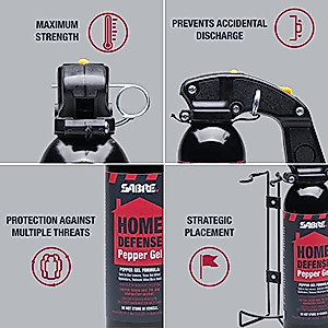 SABRE Red Home Defense Pepper Gel With Wall Mount For Easy Access, Max Strength OC Spray, UV Marking Dye Helps Identify Suspects, Full Hand Grip For More Accurate Aim, Secure Pin Safety, 32 Bursts