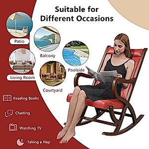 Giantex Rocking Chair with Cushion, Modern PU Leather Rocker, Rubber Wood Frame, Ergonomic Backrest Armrest, Single Rocking Chair for Nursery Living Room Bedroom Lounge Office, Red