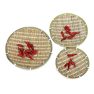 3Packs 100% Handwoven Flat Wicker Round Fruit Bamboo Basket Woven Food Storage Weaved Shallow Tray Holder Bowl Decorative Rack Display for Food Fruit Serving Stand Decor (Green, 3Pcs Bulk Price)