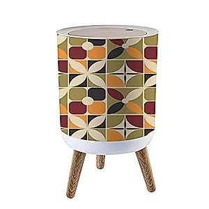 Small Trash Can with Lid 70s retro vintage mid century modern seamless simple geometric flowers Round Garbage Can Press Cover Wastebasket Wood Waste Bin for Bathroom Kitchen Office 7L/1.8 Gallon