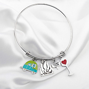 FUSTMW Travel Camper Bracelet Camping Charm Bangle RV Travel Trailer Camping Jewelry Gift for Women (Silver Bracelet)