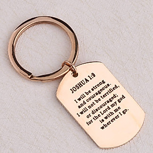 BEKECH Joshua 1:9 Bible Verse Keychain I Will Be Strong And Courageous Dog Tag Keychain Religious Jewelry Christian Keyring Gift (rose gold)