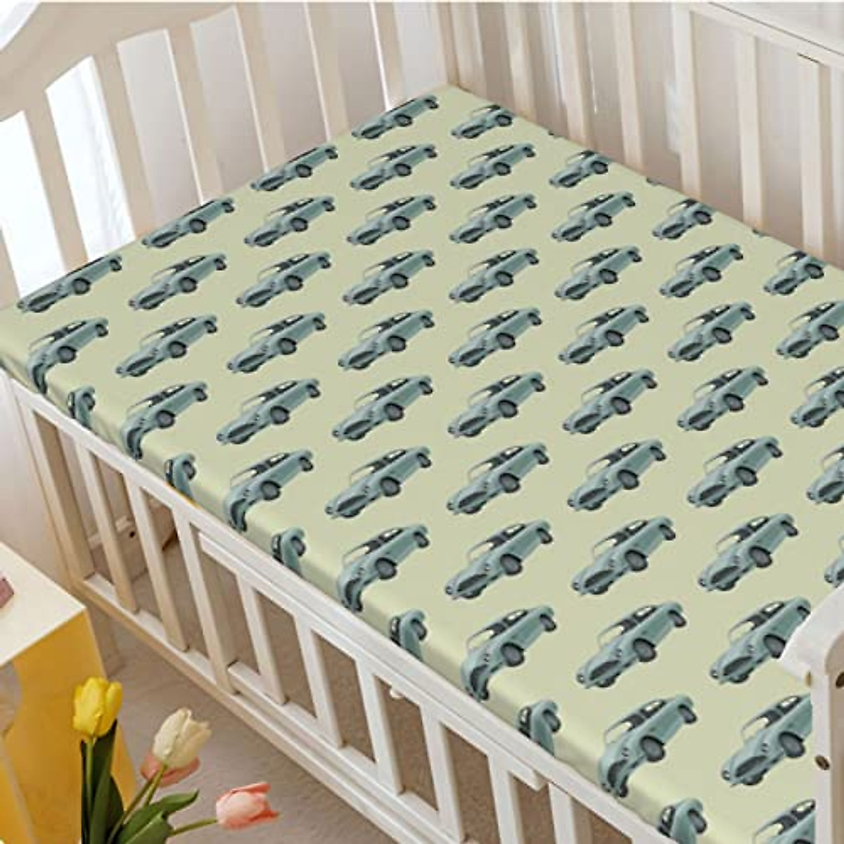 Cars Themed Fitted Crib Sheet,Standard Crib Mattress Fitted Sheet Soft & Stretchy Fitted Crib Sheet-Baby Sheet for Boys Girls, 28“ x52“,Pistachio Green Almond