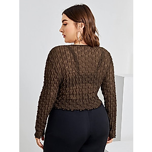 Floerns Women's Plus Size V Neck Lettuce Trim Long Sleeve Mesh Crop Top T Shirt Brown 2XL
