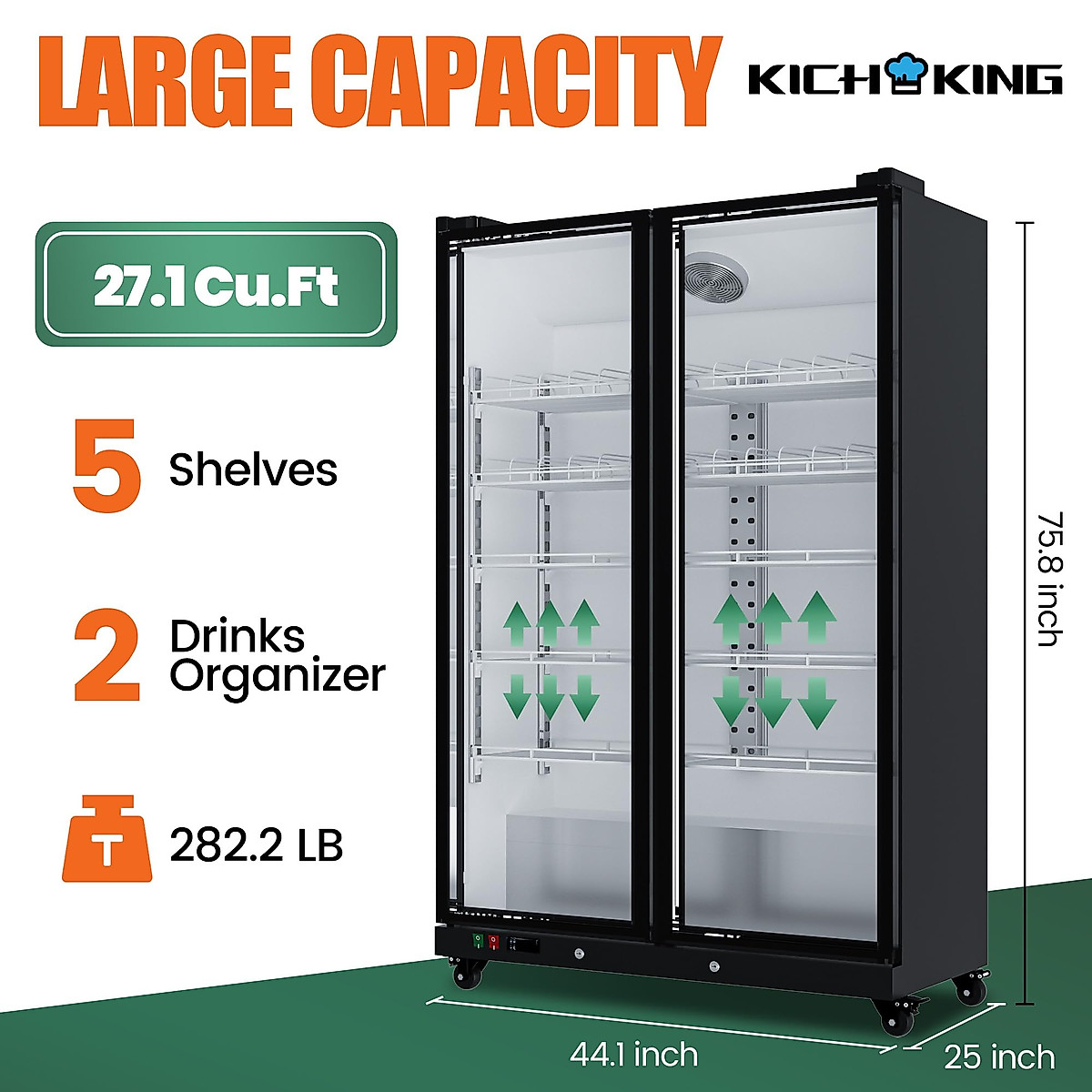 Full Screen Glass Commercial Cooler 27.1 Cu.Ft Aluminum Alloy Frame Merchandiser Refrigerator Low-E Glass Door Display Refrigerator Beverage Cooler, Adjustable Shelves Drink Organizer ETL/DOE, Black