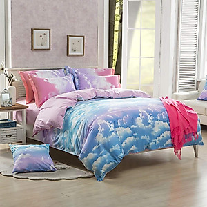 Feelyou Cloud Sky Duvet Cover Set for Girls Rainbow Bedding Set Kids Comforter Cover Cute Lightweight Soft Pink and SkyBlue Bedroom Decor Lovely Teens Bedspread Cover Full Size Zipper