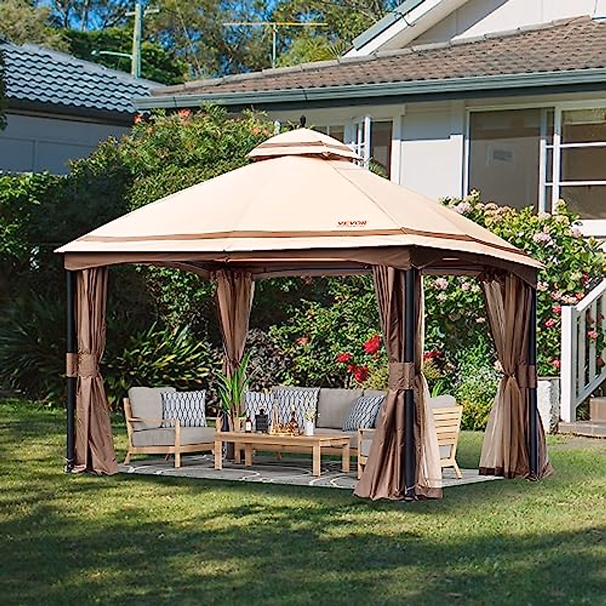 VEVOR Patio Gazebo for 10-12 Person, 10 x 13 FT Backyard Gazebo, with Mosquito Netting, Metal Frame, and PU Coated 180G Polyester, Outdoor Canopy Shelter for Patio, Backyard, Lawn, Garden, Deck