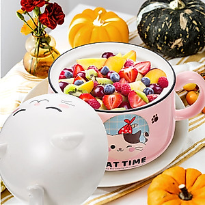 Angoily Chinese Decor Ceramic Bowl with Lid Handle Cat Design Instant Noodle Bowl Cereal Bowl Soup Mug Ramen Bowl for Rice Salad Noodle Pho Vegetable Fruit 1020ml Pasta Container