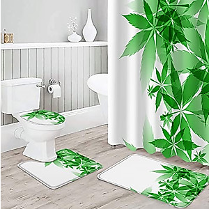 Marijuana Leaves 4 PCS Shower Curtain Sets, Waterproof Shower Curtains with Plastic Hooks, Anti-Skid Rugs, Toilet Lid Cover and Soft Bath Mat, for Bathroom Decor Set Simple Green Gradient Texture