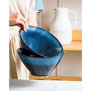 Large Salad Soup Ramen Serving Bowls, 71 OZ Ceramic Japanese Ramen Noodle Bowl with Chopsticks, Spoons and Rests - Super Big Bowl Sets for Udon, Pho, Pasta, Cereal, Set of 2 - Reactive Blue