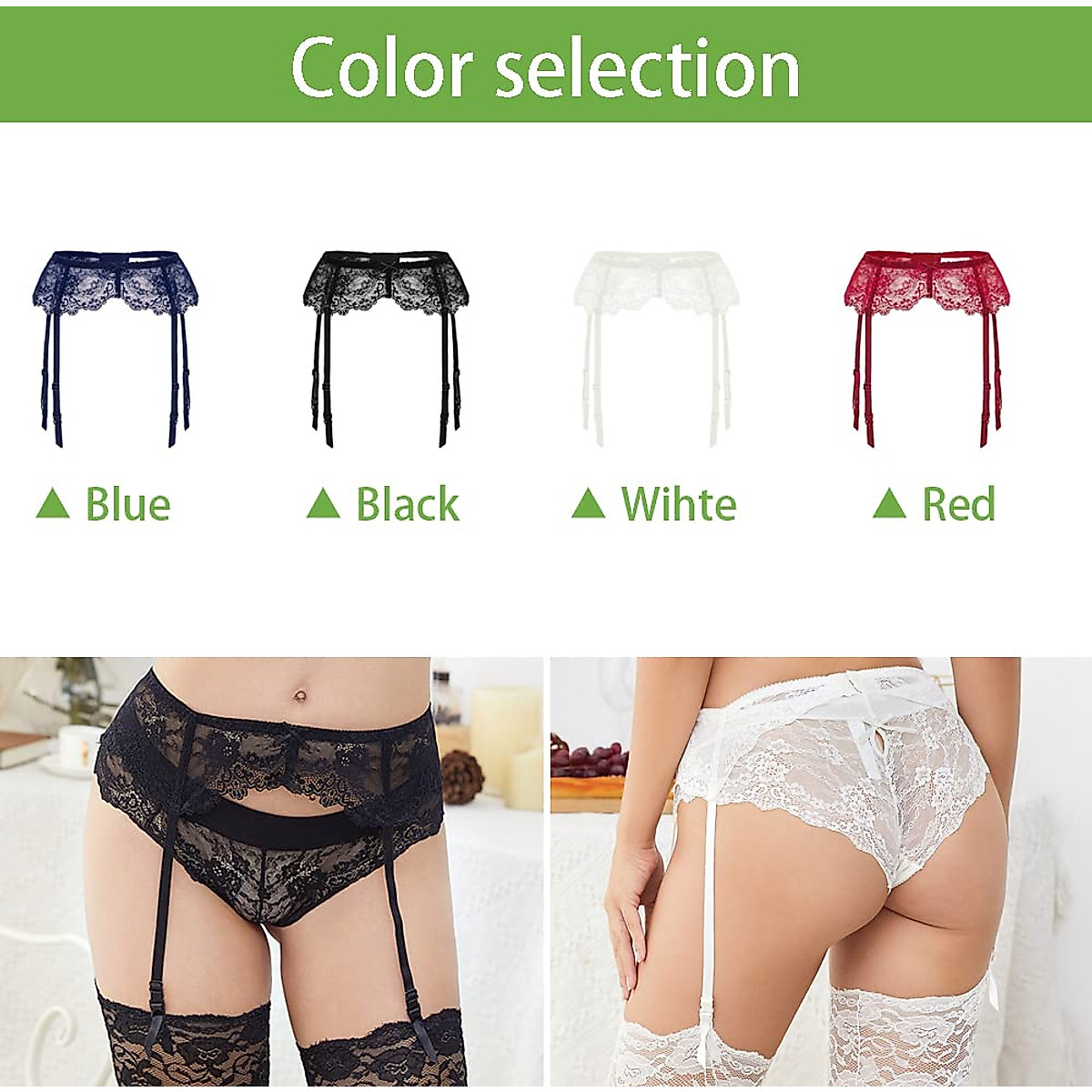 CITUYER Sexy Lace Adjustable Garter Belt High Waisted Hollow Out Lace Suspender Garter Belts for Women (White-L)