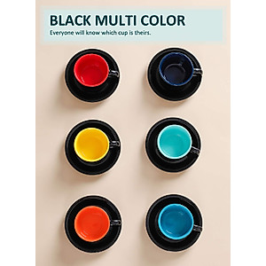 Teocera Porcelain Cappuccino Cups with Saucers - 6 Ounce for Coffee Drinks, Latte, Cafe Mocha and Tea - Set of 6, Black Multi Color