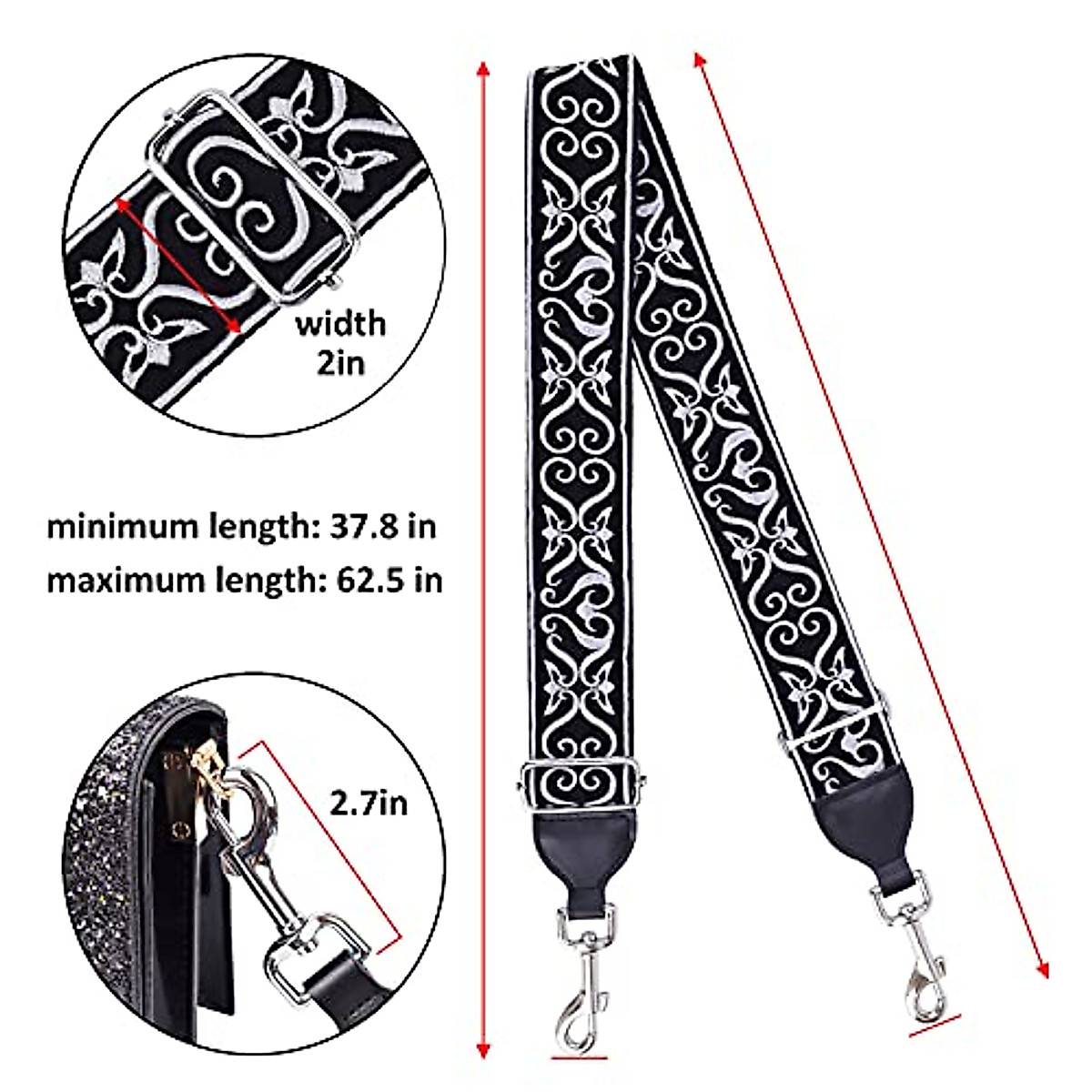 CLOUDMUSIC Handbag Strap Replacement Crossbody Strap Purse Strap With Silver Clips For Women Girls(Silver Vintage)