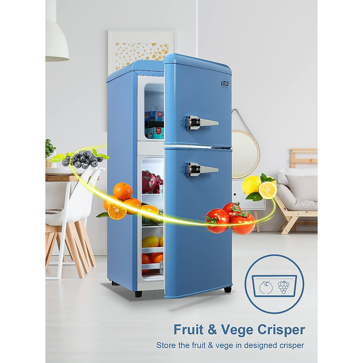 KRIB BLING 3.5 Cu.Ft Refrigerator 2 Door 7 Level Adjustable Thermostat Control Top-Freezer Refrigerator Lock Fresh Energy Saving Blue