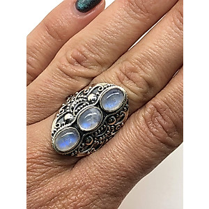 Koral Jewelry Moonstone 3 Stones Ethnic Vintge Look Multi Stone Ring 925 Sterling Silver Vintage Tribal Gipsy Boho Chic (8)