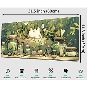 Cute Kawaii White Cat Anime Green Plant Leaves Desk Mat Large Mouse Pad Gaming Desk Pad, XL Extended Mousepad Desk Accessories for Women Office Decor Long Laptop Keyboard Mouse Mat 31.5x11.8 in