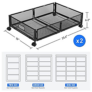 NiHome Under Bed Storage Containers with Wheels, Foldable Metal Under Bed Shoe Storage Drawers Cart, Tool Free Assembly Rolling Under Bed Storage Organizer for Toys Clothes Book Blanket, Black, 2PCK