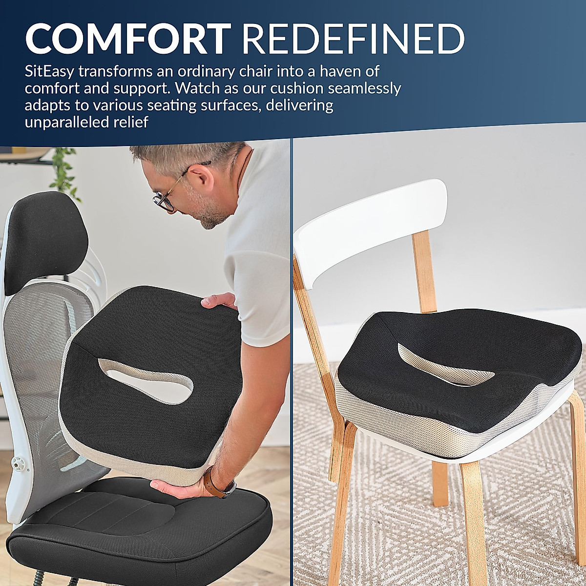SitEasy Orthopedic Seat Cushion - Pain Relief for Back, Tailbone & Hemorrhoids - Memory Foam Office Chair Cushion for Desk, Car & Wheelchair - Pressure-Relieving Butt Pillow for Sitting Comfort