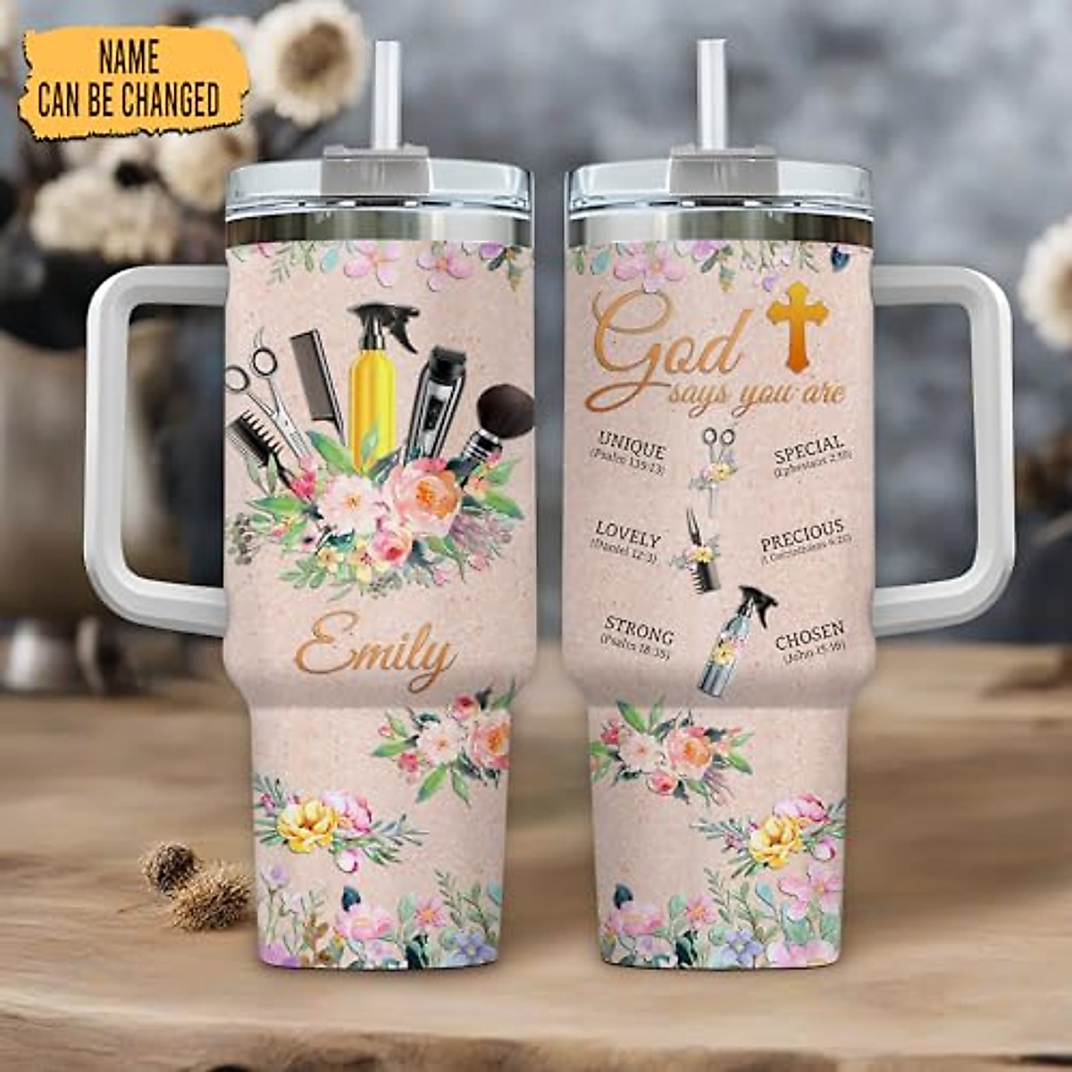 Hyturtle Personalized HairStylist Tumbler Gift For HairStylists Christian God Says You Are Cup With Name 40oz Tumbler with Handle&Straw Lid Hairdressing Hairdresser Coffee Cup Flower Print Cosmetology