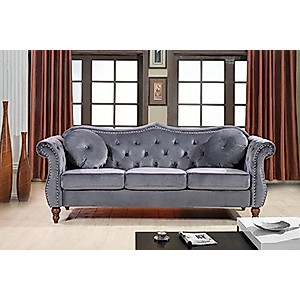 Container Furniture Direct Anna1 Chesterfield Velvet Couches for Living Room, Button Tufted Luxury Upholstery with Rolled Arms, High-Density Foam, Durable Wood Frame, 79.5" Sofa, Lava Gray