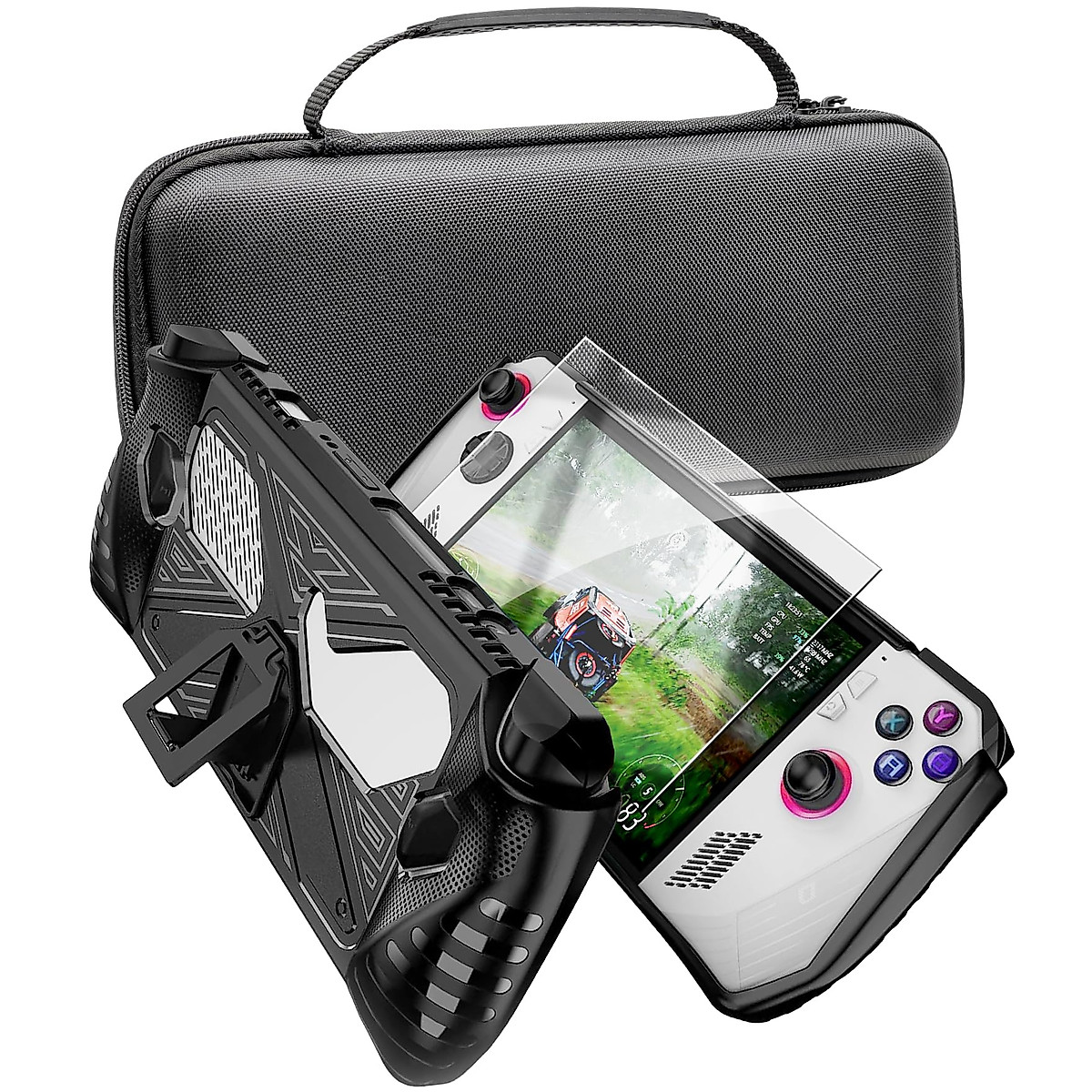 ENCASED Accessories Set for Asus ROG Ally - Handheld Kickstand Case with Hardshell Carrying Bag and Tempered Glass Screen Protector (Black)
