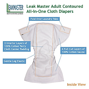 LeakMaster Adult Sized Contoured All in One Cloth Diapers - Hourglass Shaped Multi-Layered Cotton Gauze Interior with PUL Waterproof Outer Moisture Barrier - Medium (Fits 32-36 Inch Waists)