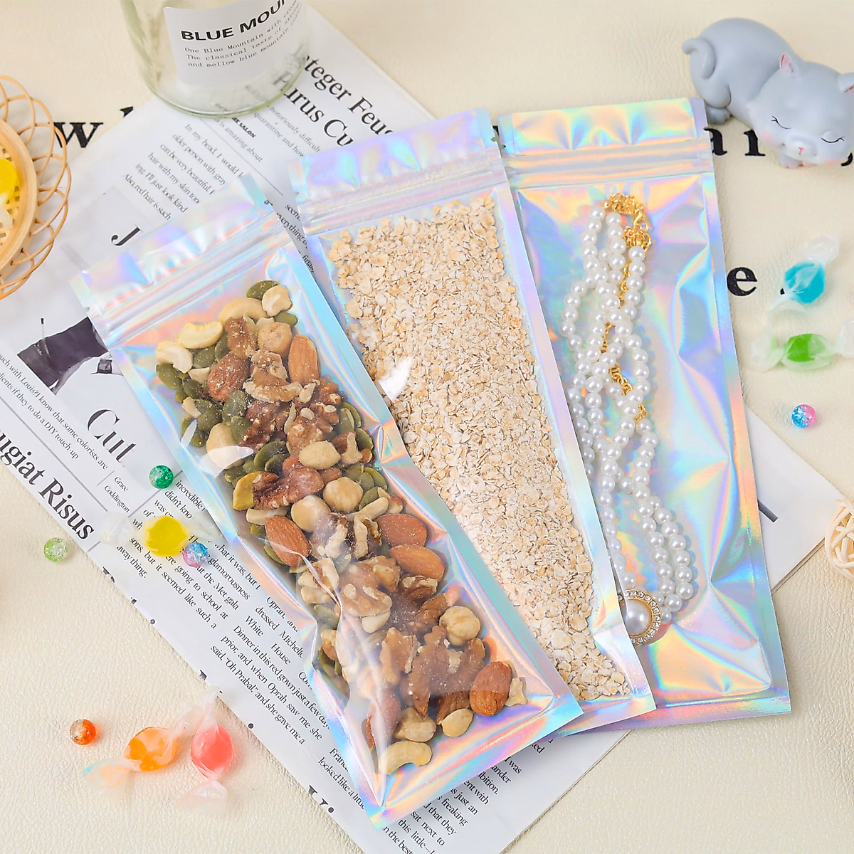 NPLUX Holographic Mylar Bags Resealable Smell Proof Bags for lip gloss, Jewelry, Lash Candy and More - Small Business Packaging Supplies(100PACK, 3x9INCH)