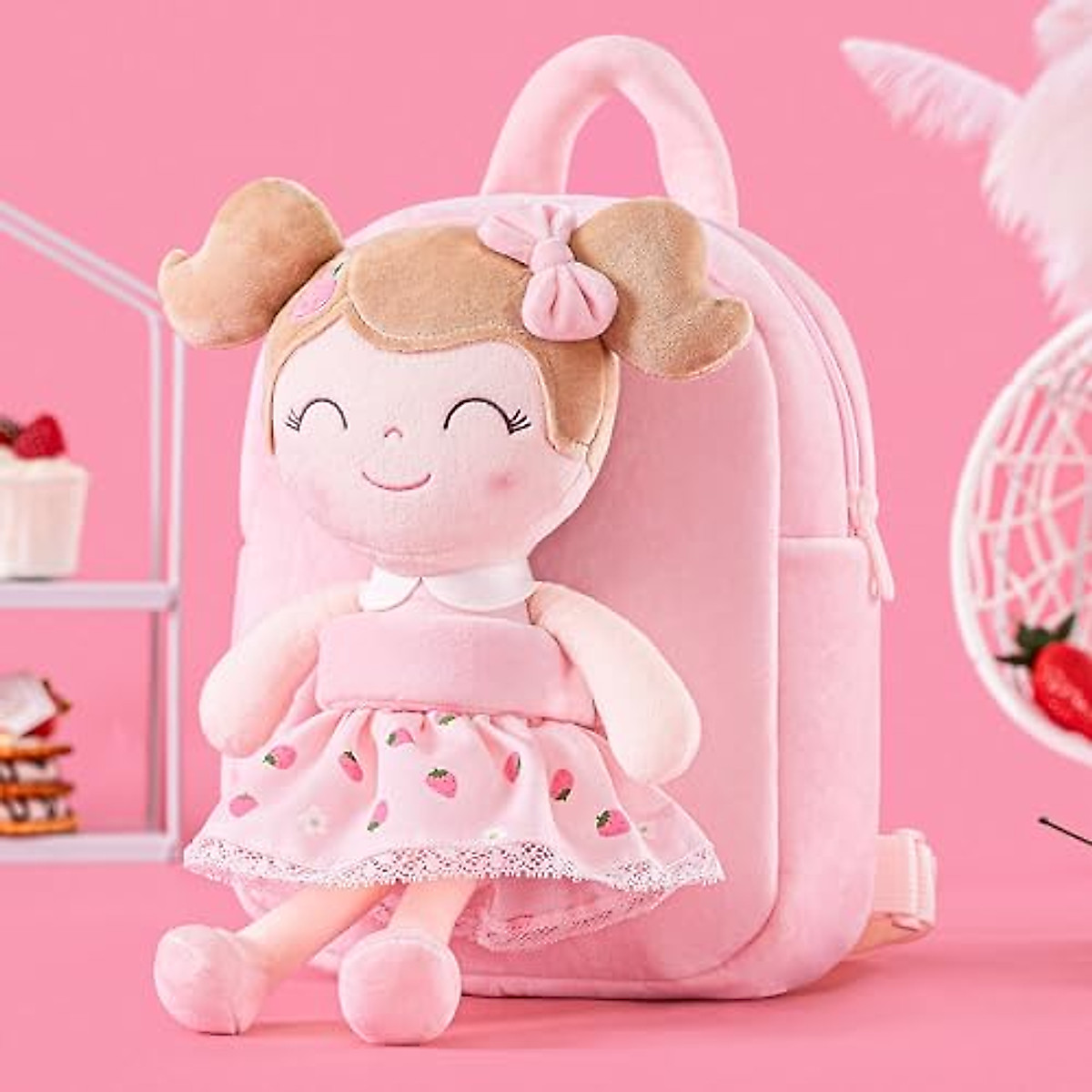 Gloveleya Kids Backpack for Girls backpacks Plush bag with Soft doll for Toddler baby Strawberry 9 Inches