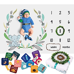 ATHENA FUTURES Baby Monthly Milestone Blanket for Boys Girls - Soft Fluffy Unisex Design - 60 x 40 in - 1 to 12 with Weeks and Months - Wreath and String Markers, 18 Baby Occasions Cards and an e-Book