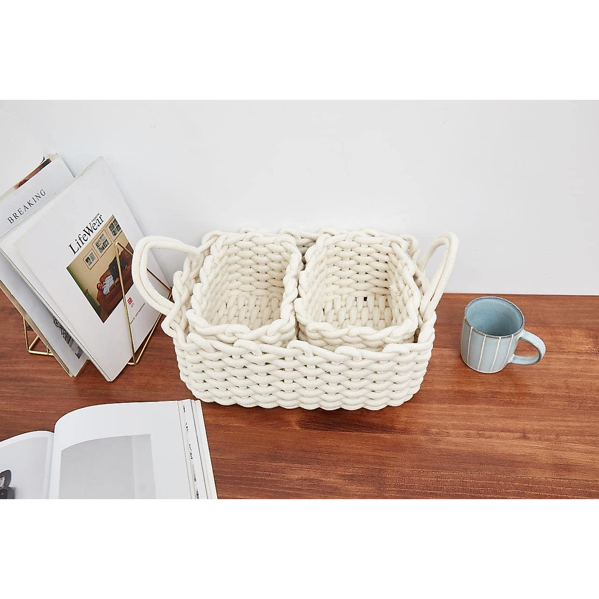 Woven Baskets, Set of 3 for Home, Office, Dorm Room, Living Room, Bedroom, Bathroom, Nursery Storage and Organization (WHITE)