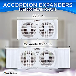 Comfort Zone CZ319WT 9" Twin Window Fan with Reversible Airflow Control, Auto-Locking Expanders and 2-Speed Fan Switch, White