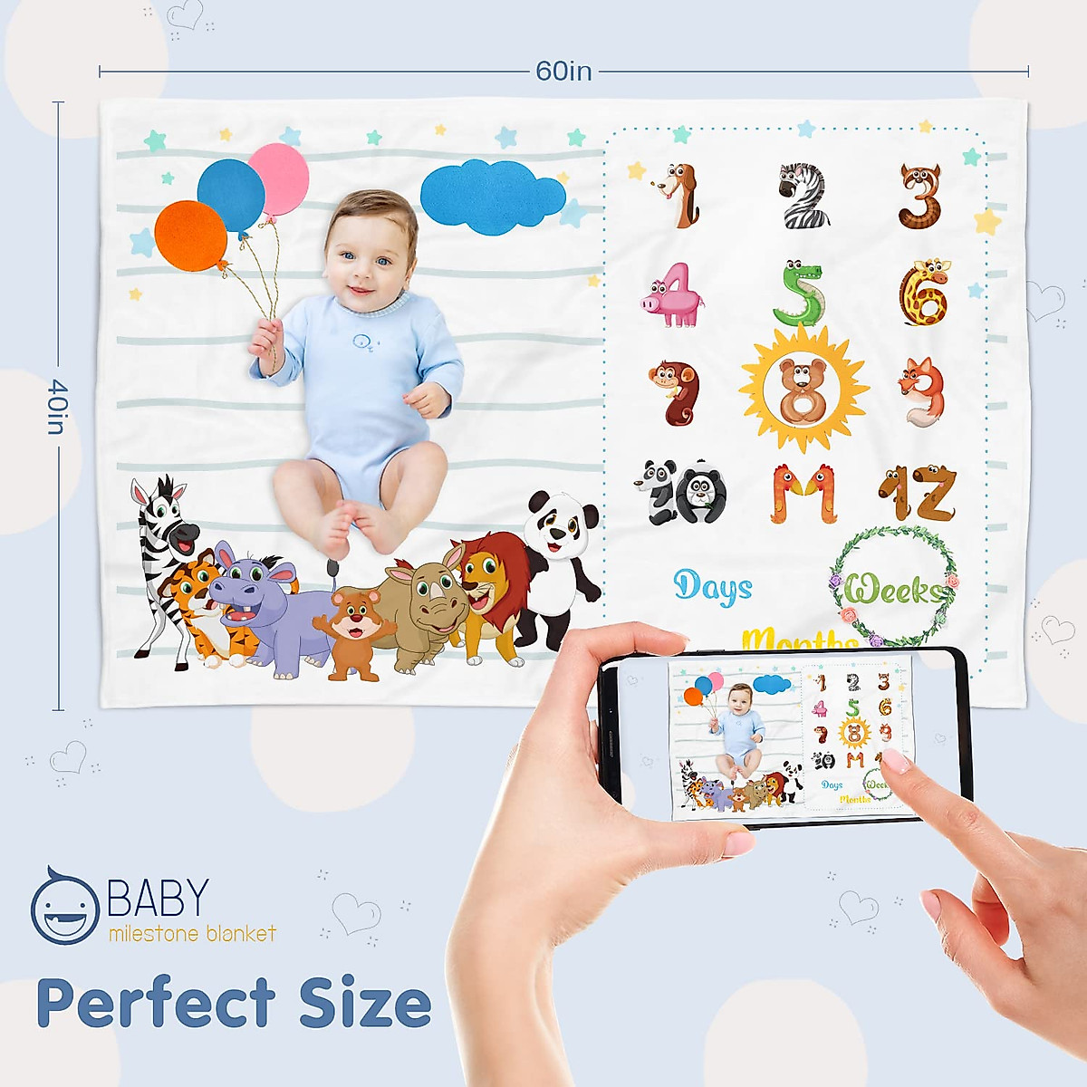 GCRQ Baby Monthly Milestone Blanket Boy - Super Soft, Extra Large Newborn Baby Month Blanket with Sun & Wreath & 3 Felt Balloon, Baby Grow Chart Blanket for Nursery Décor Baby Shower