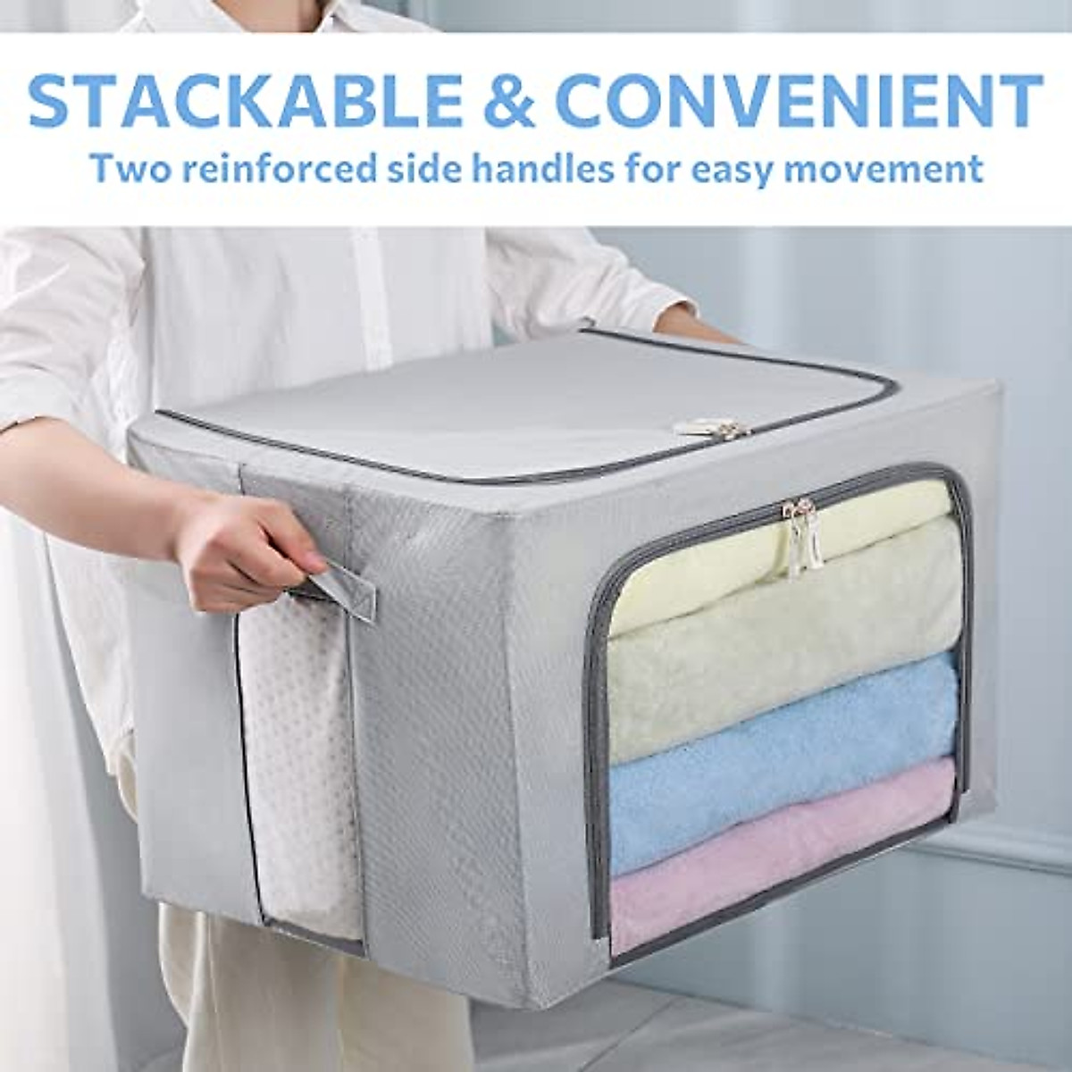 3Pack Frame Storage Box - Clothes Storage Bin Bags Oxford Fabric Foldable Stackable Container Organizer Set with Clear Window & Carry Handles Large Capacity (Grey, Large-66L)