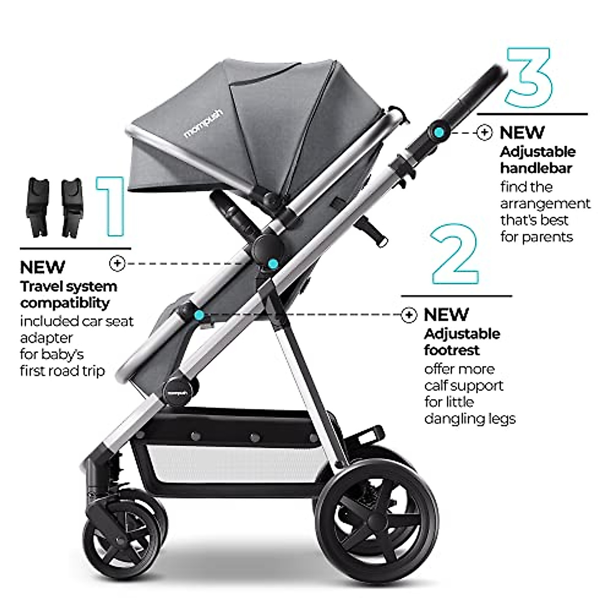 Mompush Meteor 2 Baby Stroller 2-in-1 with Bassinet Mode - Compatible with Major Infant Car Seat, Adapter Included - Stable Bassinet Stroller Combo, Full-Size Baby Strollers for Family Outings