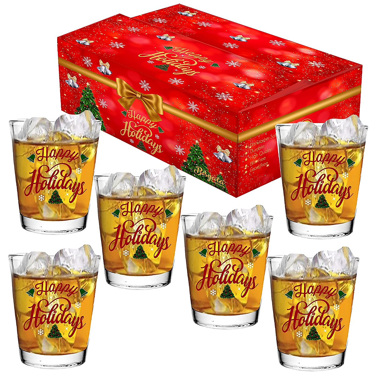 Bisyata christmas Shot Glass Gift Set -Happy Holidays- Glasses Drinkware or Votive Candle Holder for Thanksgiving or christmas Table Decoration - 2oz Set of 6 - With Gift Box