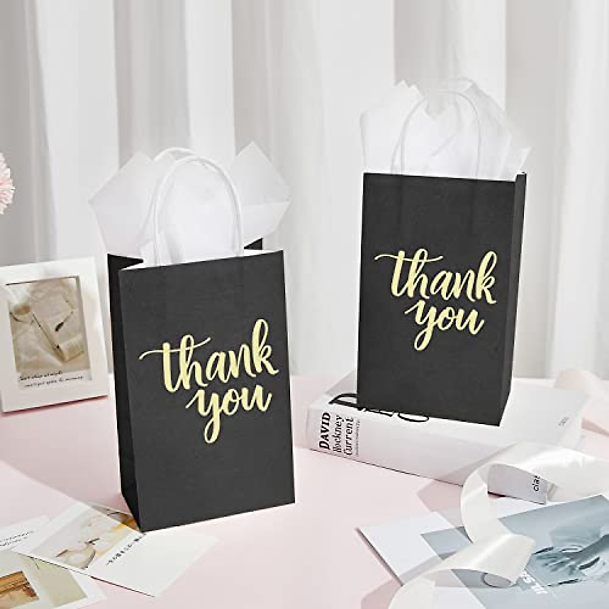 DjinnGlory 100 Pack Small Black Thank You Paper Gift Bags with Handles for Small Business, Shopping, Wedding, Baby Shower, Party Favors (9''x5.5''x3.15'', Black)