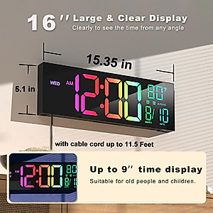 JALL 16" Large Digital Wall Mount Clock, Count Down Timer with Remote, Alarm, Big LED, 8 RGB Color, DST, Temperature for Living Room Classroom Desk, Xmas, Birthday Gift for Senior Men Women Mom Dad