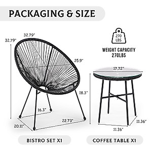 VICBARLEY 3-Piece Patio Acapulco Chairs Set, All-Weather Outdoor Wicker Bistro Set w/Pillow & Glass Top Table, Rattan Conversation Set for Porch,Garden, Balcony, Deck, Poolside, Black