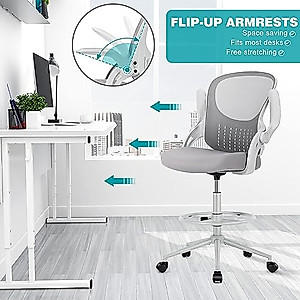 Drafting Chair with Flip-up Armrests and Foot-Ring, Tall Office Chair for Standing Desk Adjustable Height Office Desk Chair for Home Office, Breathable Mesh Swivel Rolling Tall Chair Grey