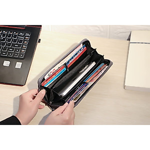 Ladies PU Vegan Leather Clutch long Wallet, Zipper around Wristlet Phone Purse Card Holder Organizer, grey (A21001w)