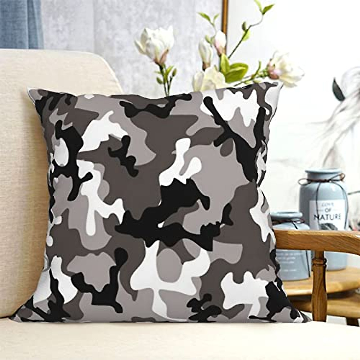 WURTON Black Grey White Camo Print Throw Pillow Covers, Soft Square Cushion Case,for Sofa, Couch,Bed Chair-18 X 18 Inch