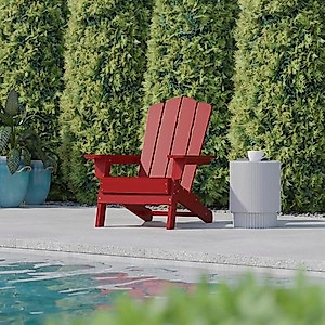 Flash Furniture Newport Adirondack Chair with Cup Holder, Weather Resistant Poly Resin Adirondack Chair, Red